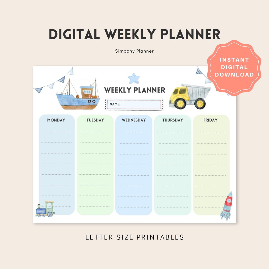 Printable Kids Weekly Planner - Transportation, Homeschool Weekly ...