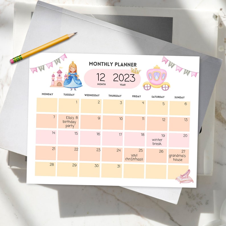 Printable Kids Monthly Planner - Princess, Homeschool Monthly Schedule ...