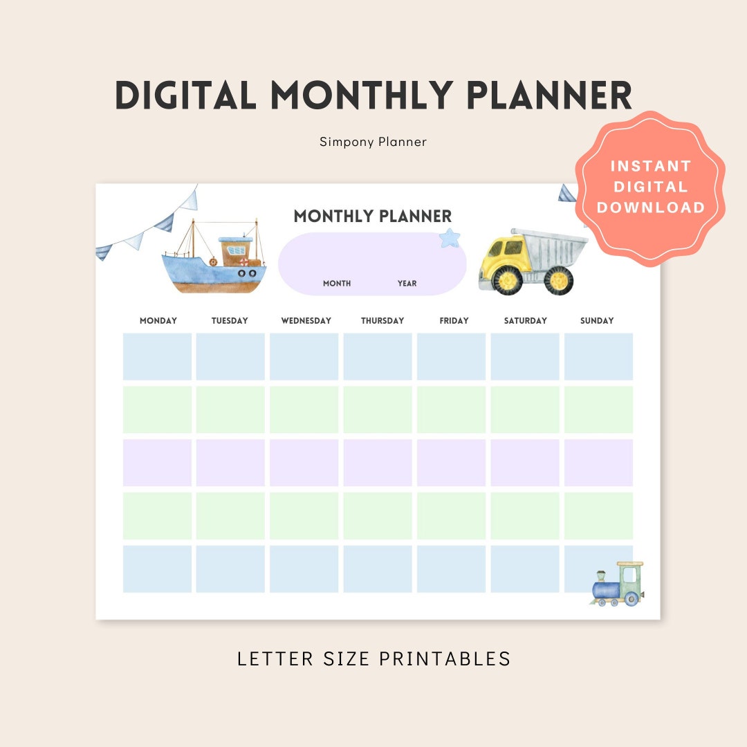 Printable Kids Monthly Planner - Transportation, Homeschool Monthly ...