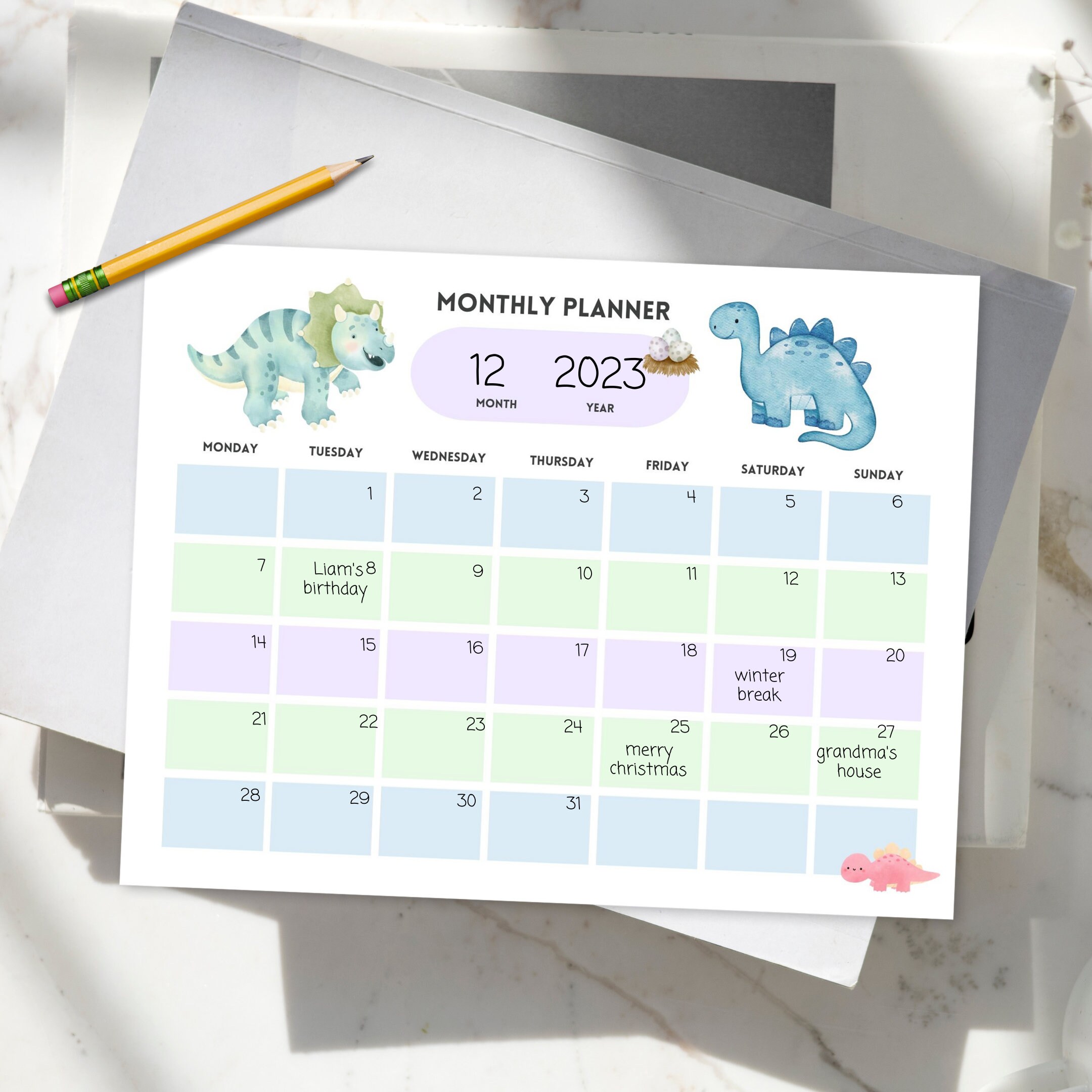 Printable Kids Monthly Planner - Dinosaur, Homeschool Monthly Schedule ...