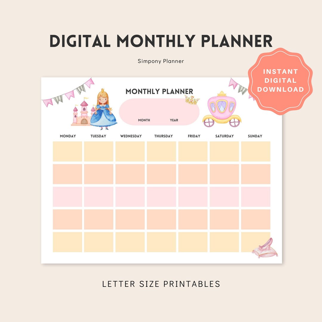 Printable Kids Monthly Planner - Princess, Homeschool Monthly Schedule ...