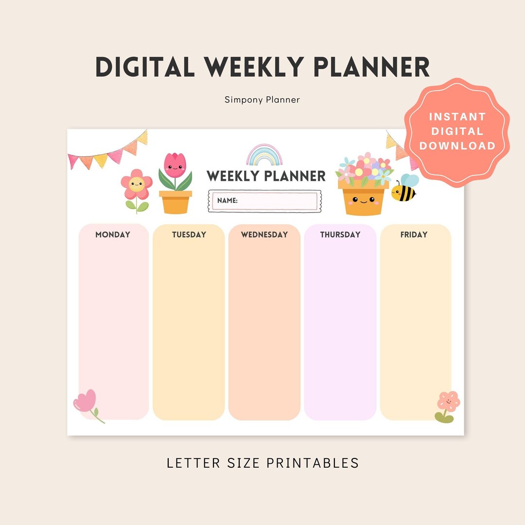 Printable Kids Weekly Planner, Flower Daily Planner, Homeschool Weekly ...