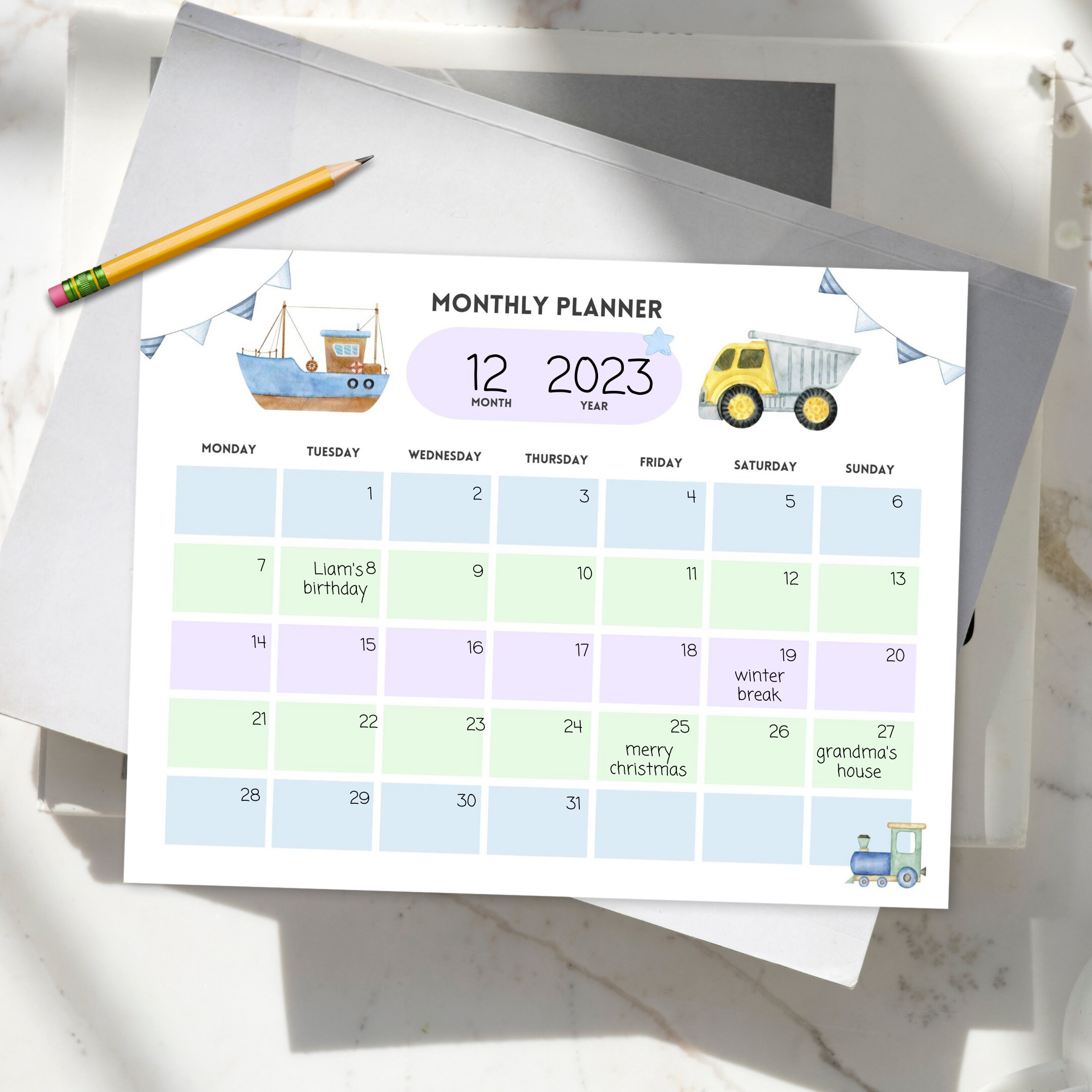 Printable Kids Monthly Planner - Transportation, Homeschool Monthly ...