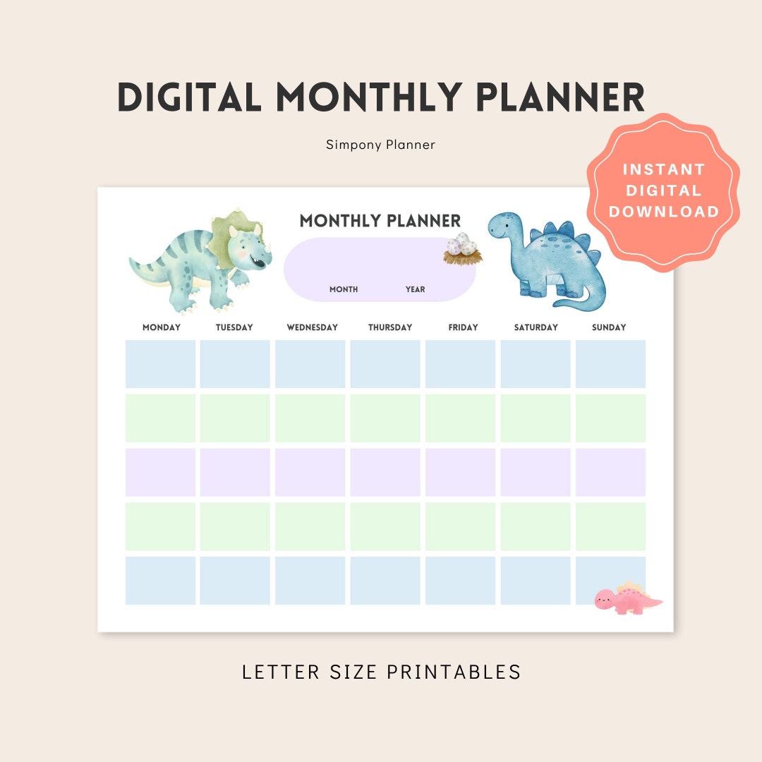 Printable Kids Monthly Planner - Dinosaur, Homeschool Monthly Schedule ...