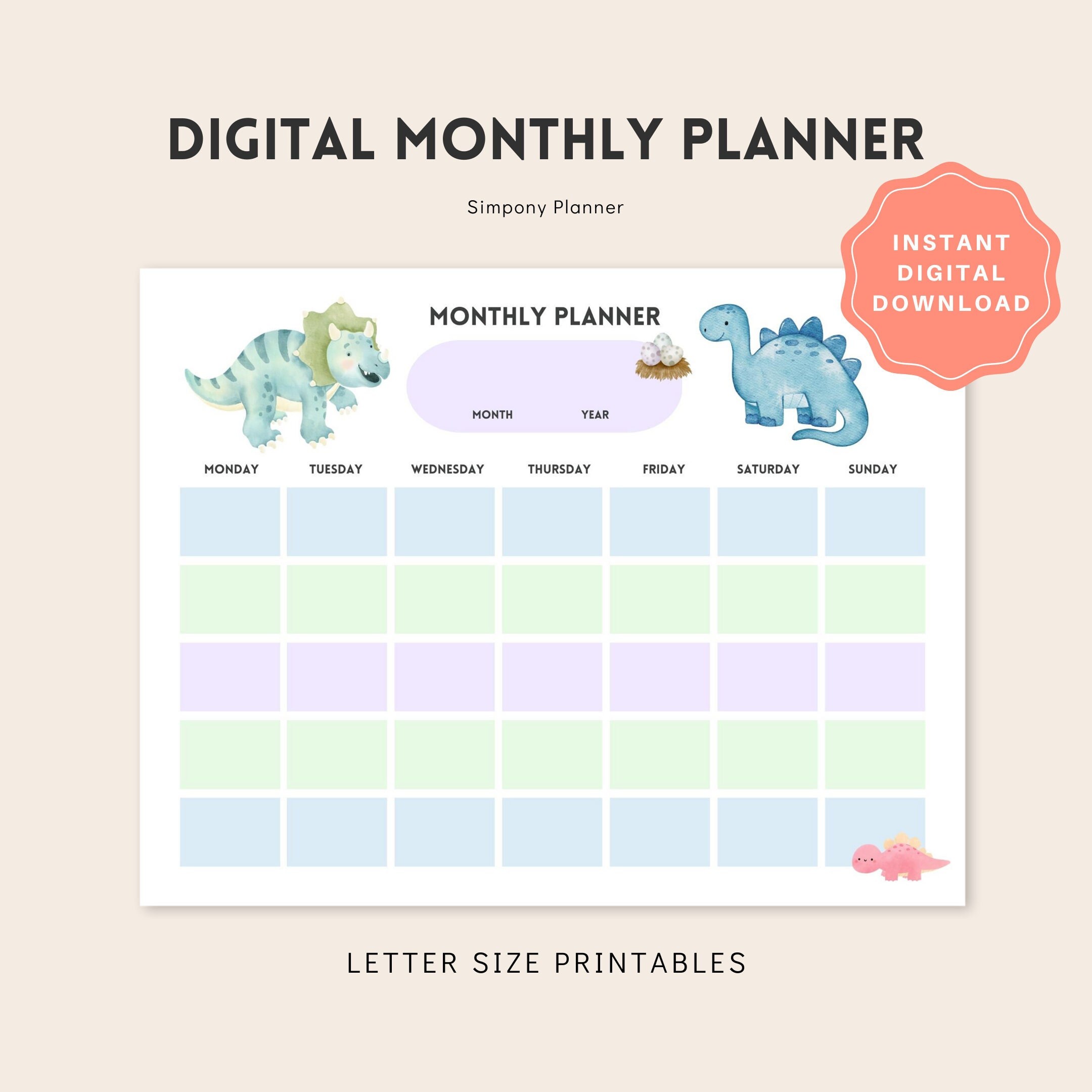 Printable Kids Monthly Planner - Dinosaur, Homeschool Monthly Schedule ...