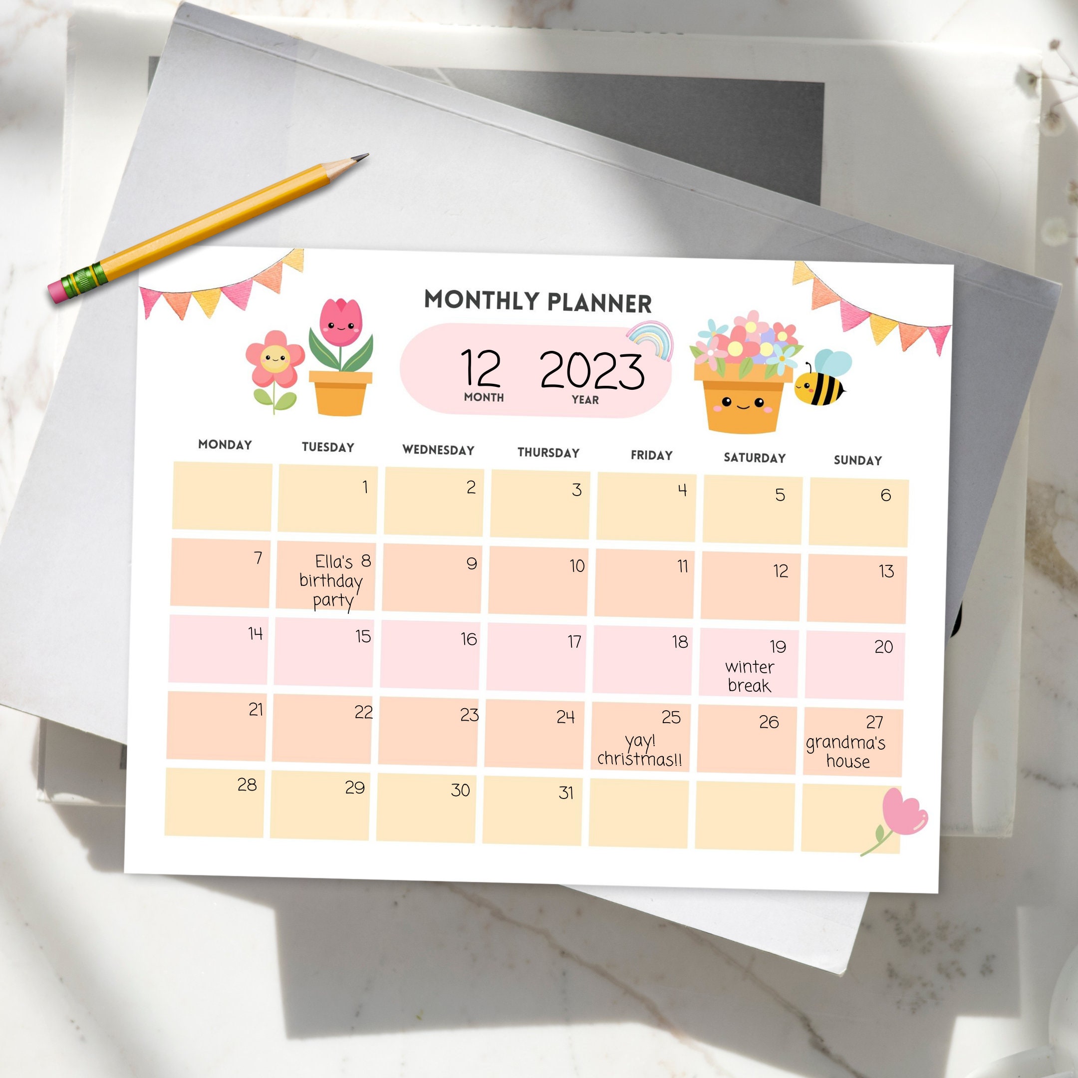 Printable Kids Monthly Planner - Flower, Homeschool Monthly Schedule ...