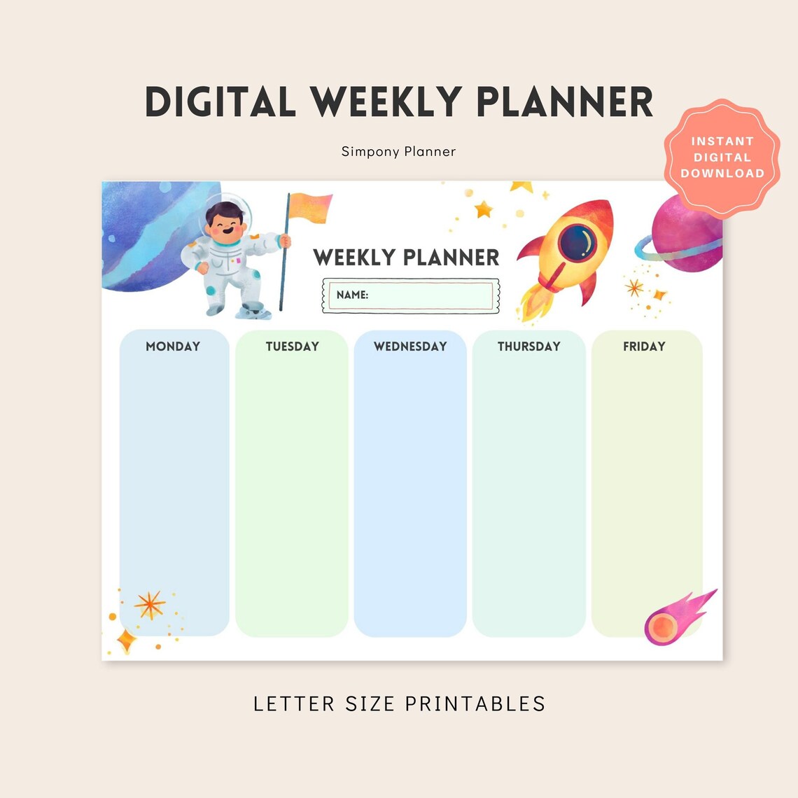 Printable Kids Weekly Planner - Space, Homeschool Weekly Schedule, Kids ...