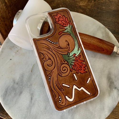 Custom Tooled Leather Cell Phone Case With Tepee and Cacti - Etsy