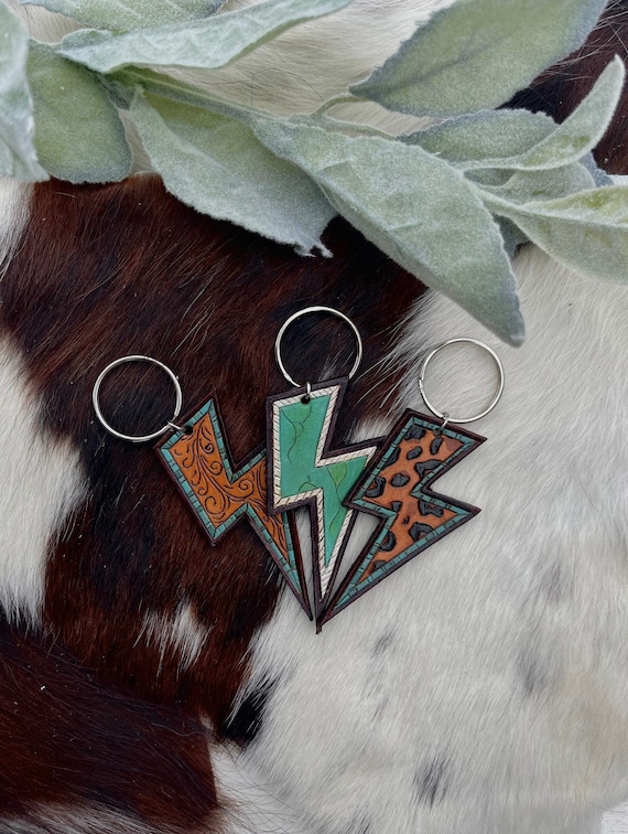 Lightning Bolt Tooled Leather Keychain | Etsy