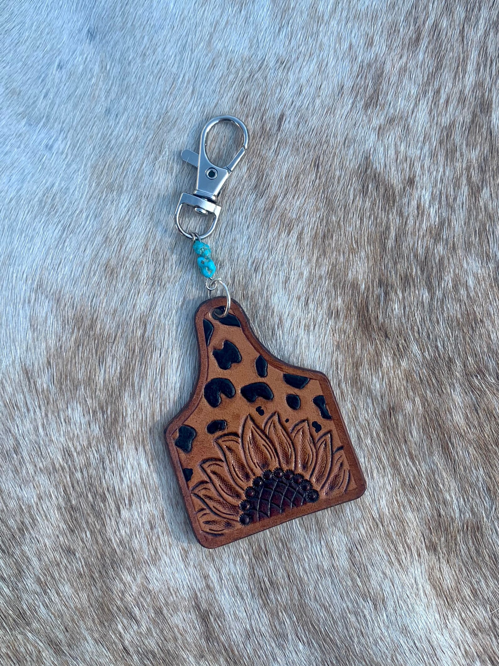 Tooled Leather Cowtag Keychain With Authentic Turquoise - Etsy