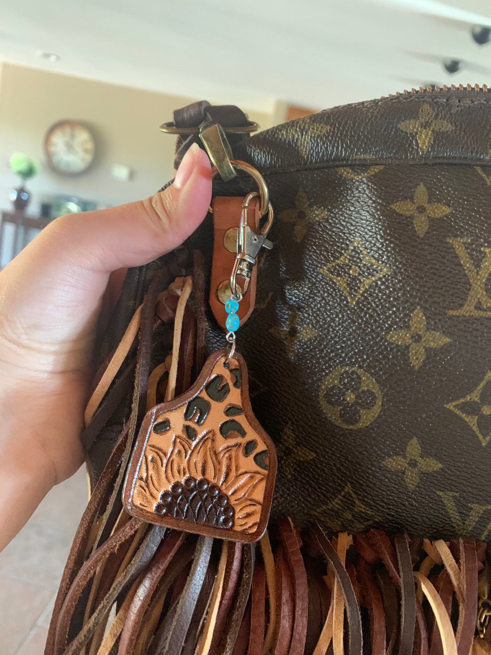Tooled Leather Cowtag Keychain With Authentic Turquoise | Etsy
