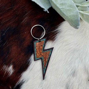 Lightning Bolt Tooled Leather Keychain - Etsy