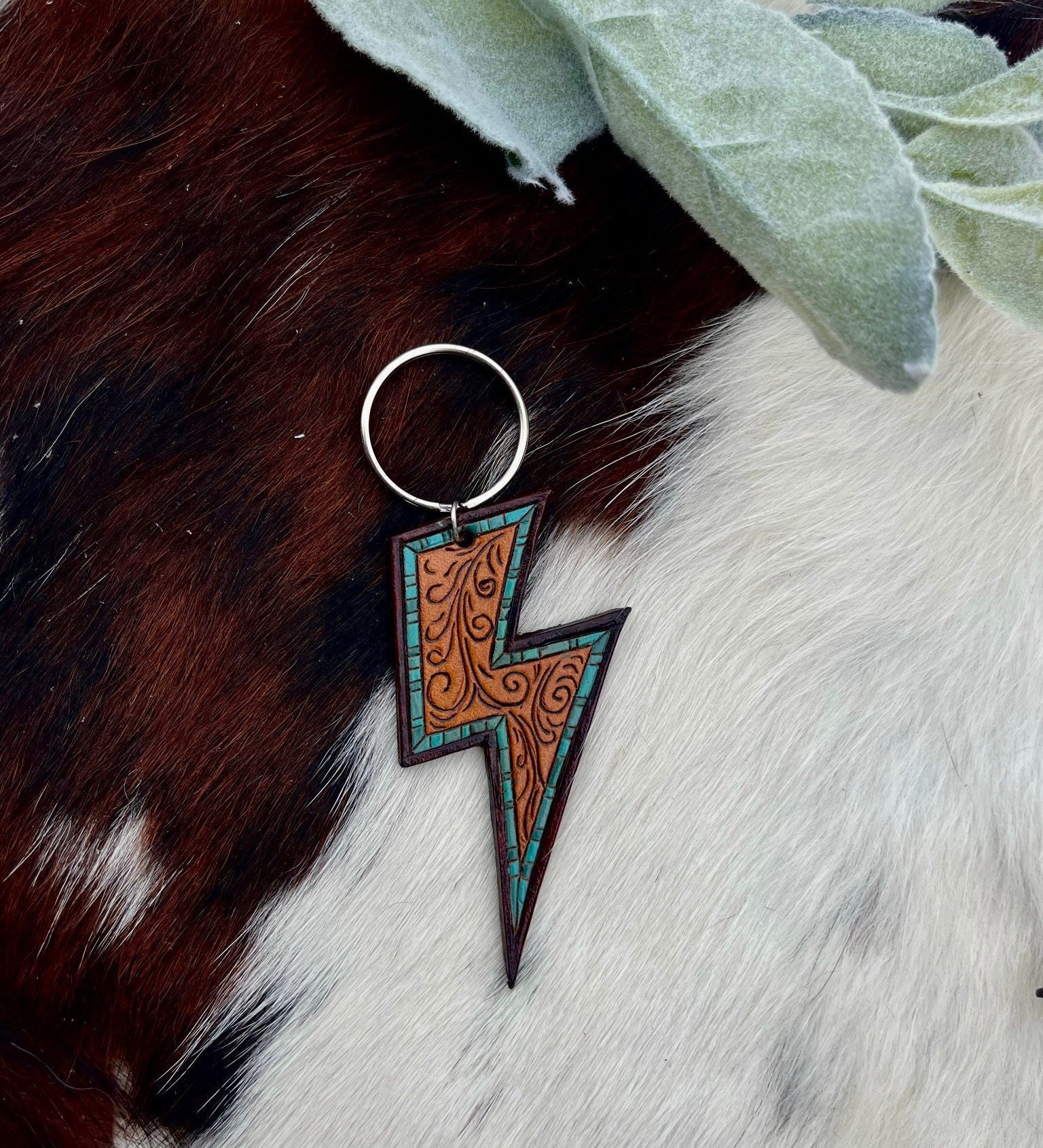 Lightning Bolt Tooled Leather Keychain - Etsy