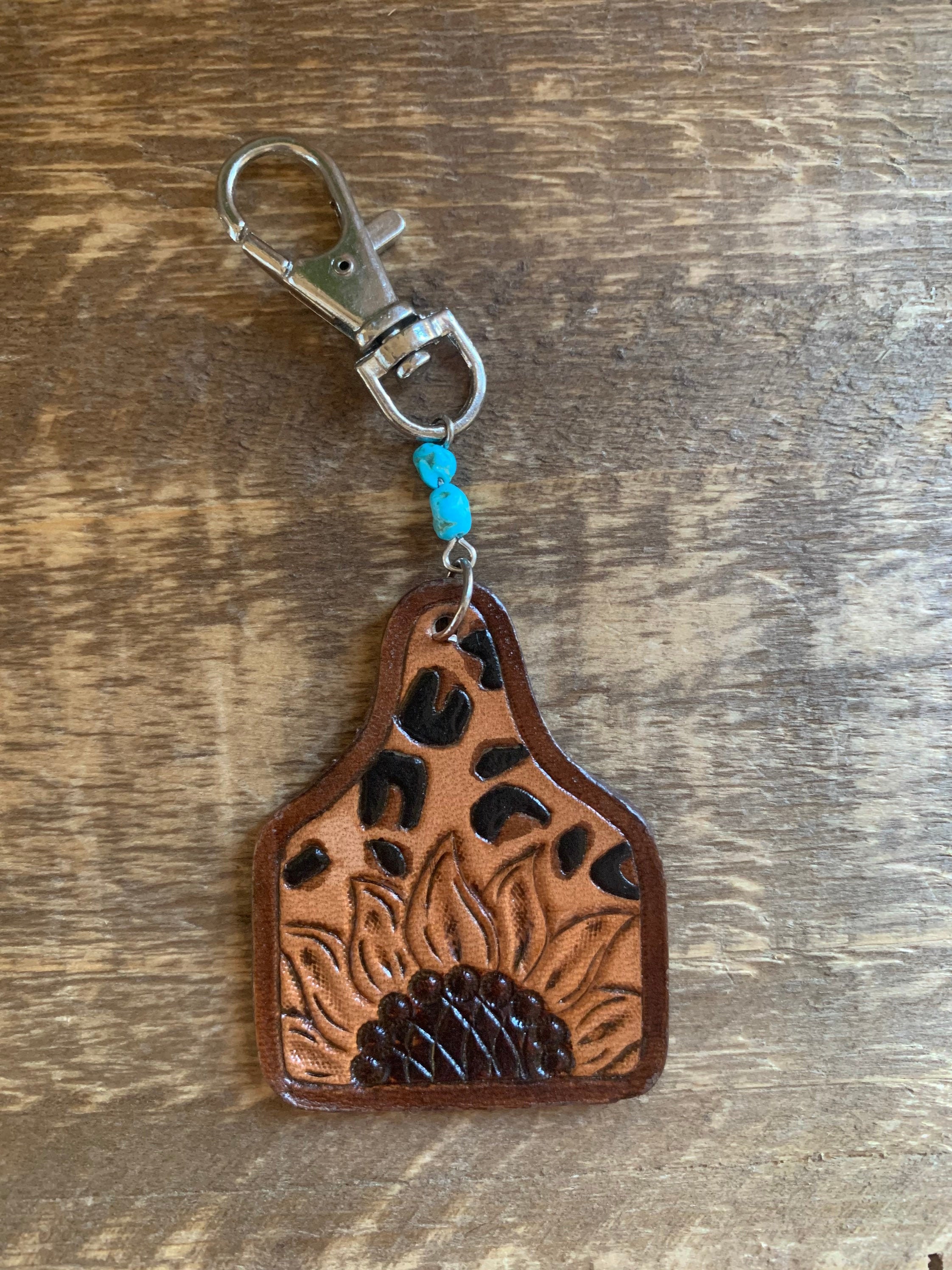 Tooled Leather Cowtag Keychain With Authentic Turquoise - Etsy
