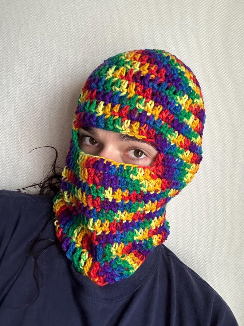 Neon Rainbow Pride Crochet Face Ski Mask Balaclava Hat Funky Vibe ...