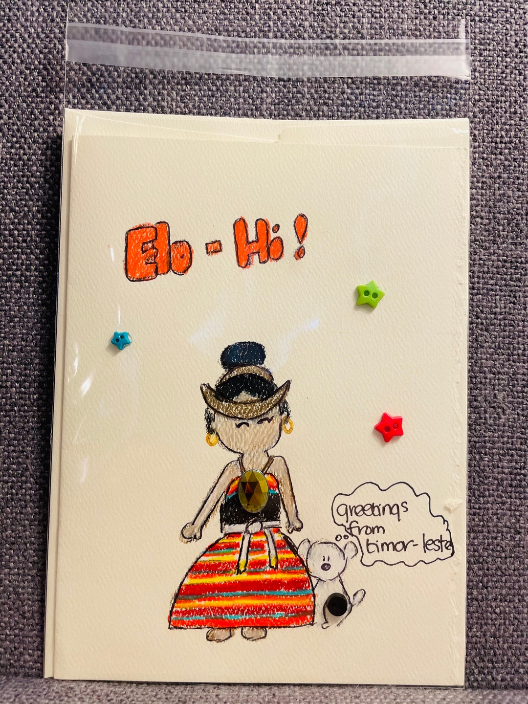 Hand-drawn Embellished Blank Greeting Card: Timor-leste Girl and Dog ...
