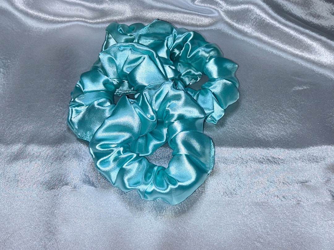 Soft Shiny Aqua Blue Satin Hair Scrunchie, Retro Fluffy 80s 90s Style ...