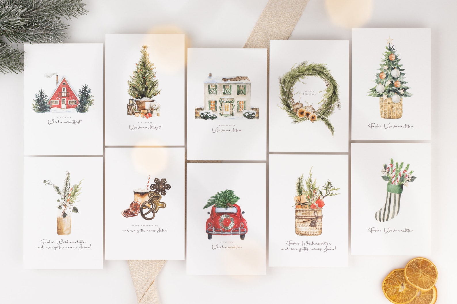Set of 10 Christmas Cards, Boho Watercolor, Textured Paper | Christmas ...