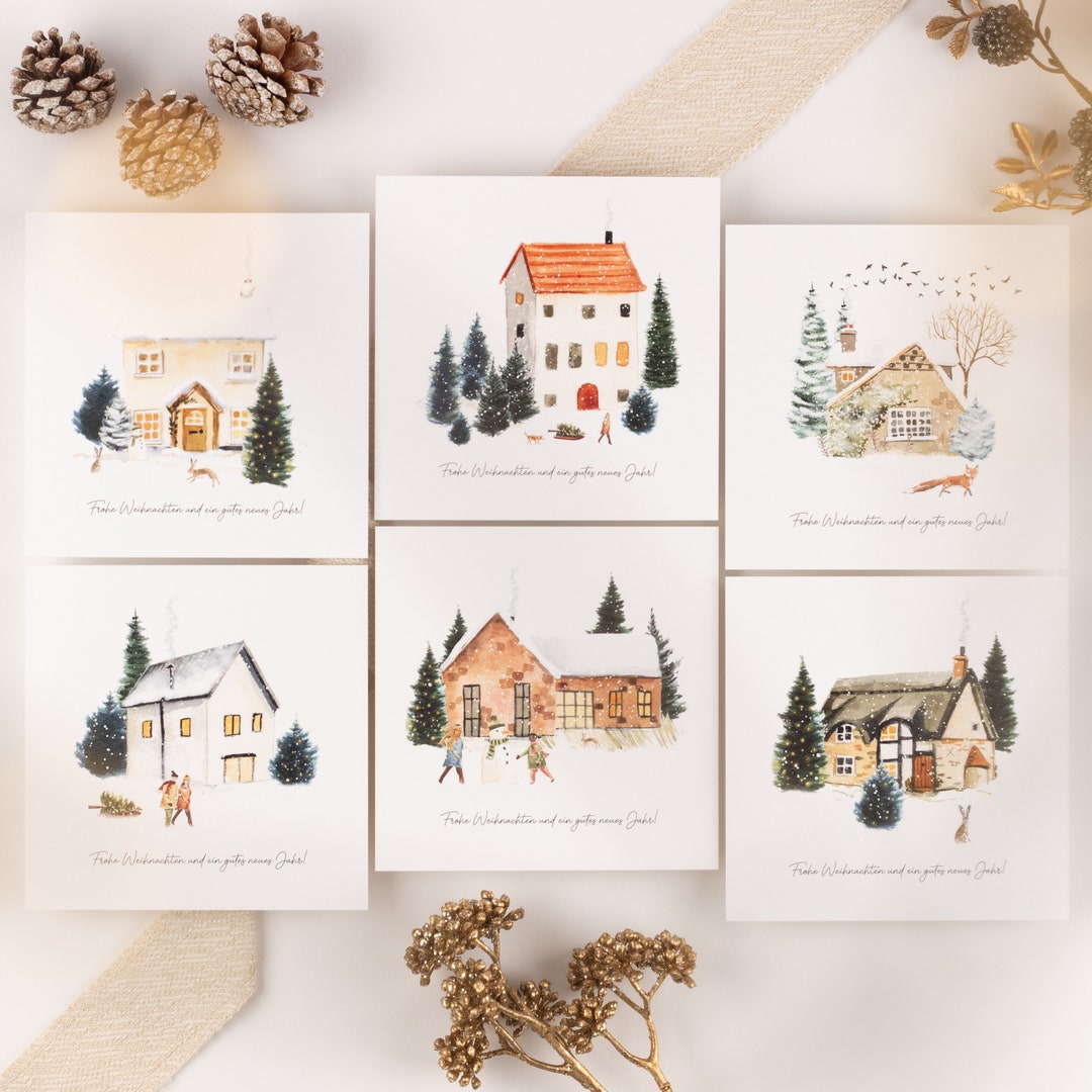 Set of 6 Christmas Cards Winter Magic Watercolor Textured - Etsy