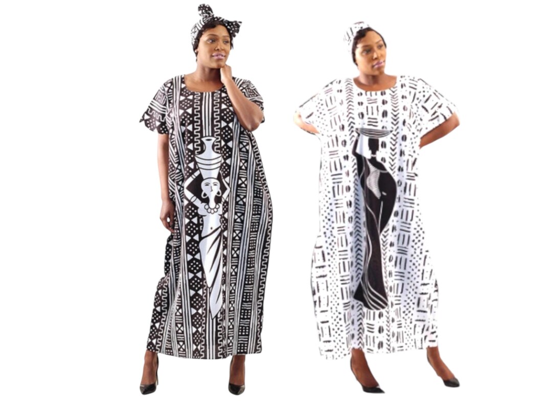 Mud Cloth Print Kaftan Dress With Headwrap, African Ankara Fashion - Etsy