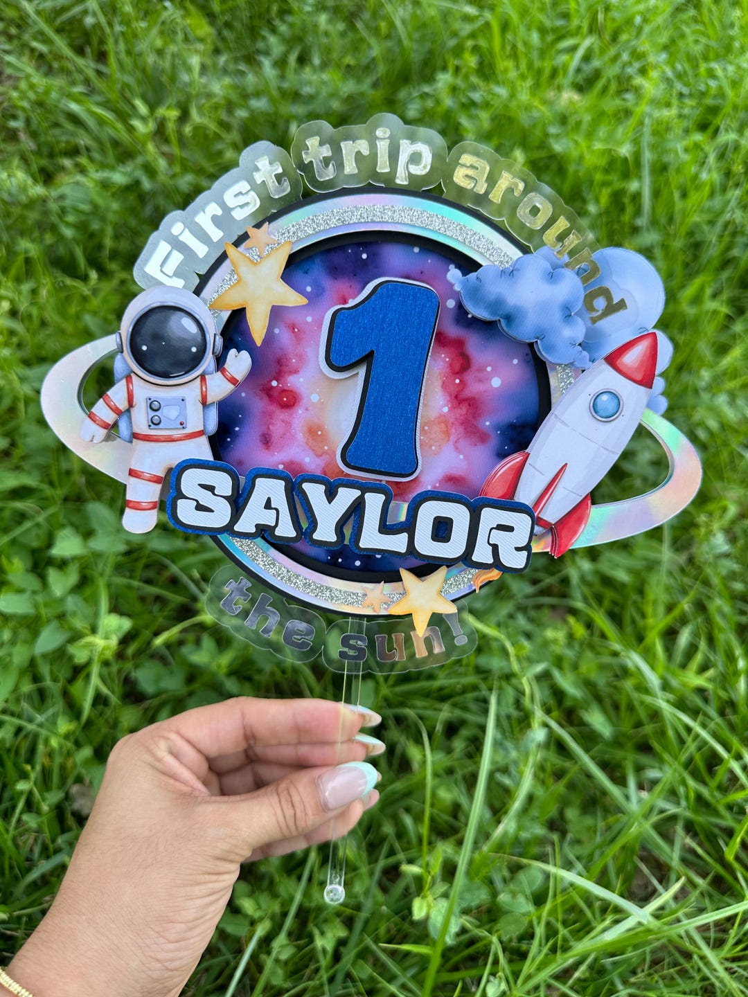 Outer Space 1st Birthday Cake Topper, First Trip Around the Sun, Rocket ...