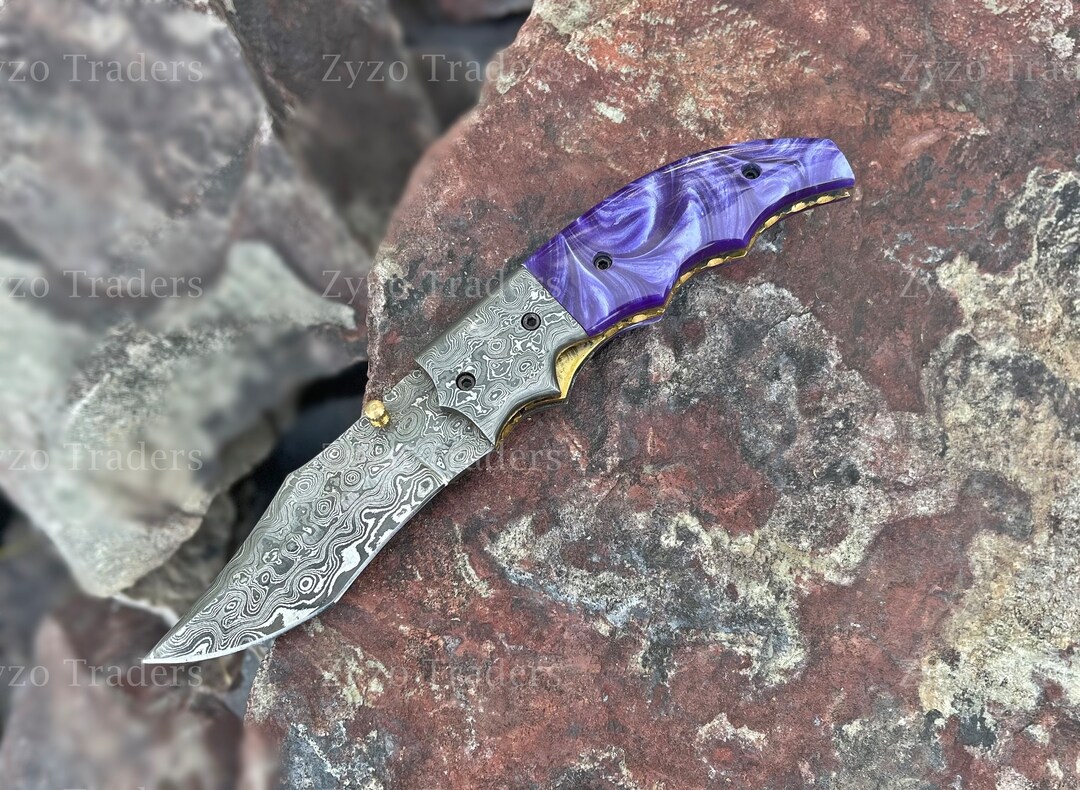 Personalized Damascus Folding Pocket Knife Purple Colored - Etsy