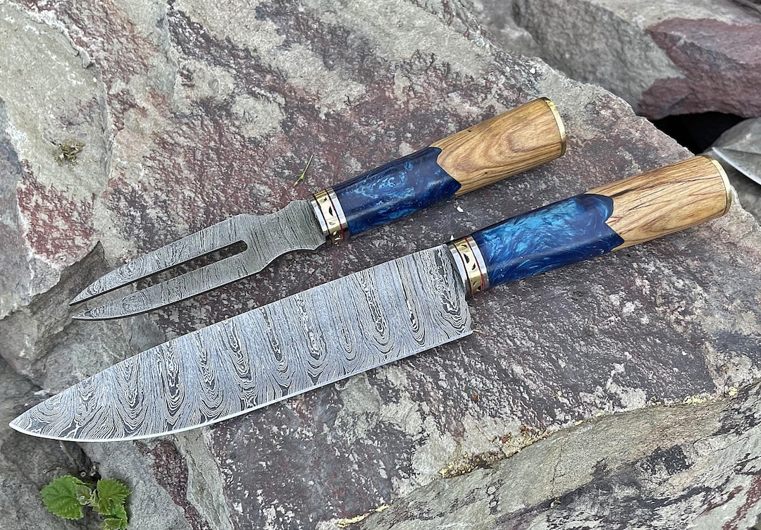 Handcrafted High Carbon Damascus Steel BBQ Fork and Chef Knife Set ...