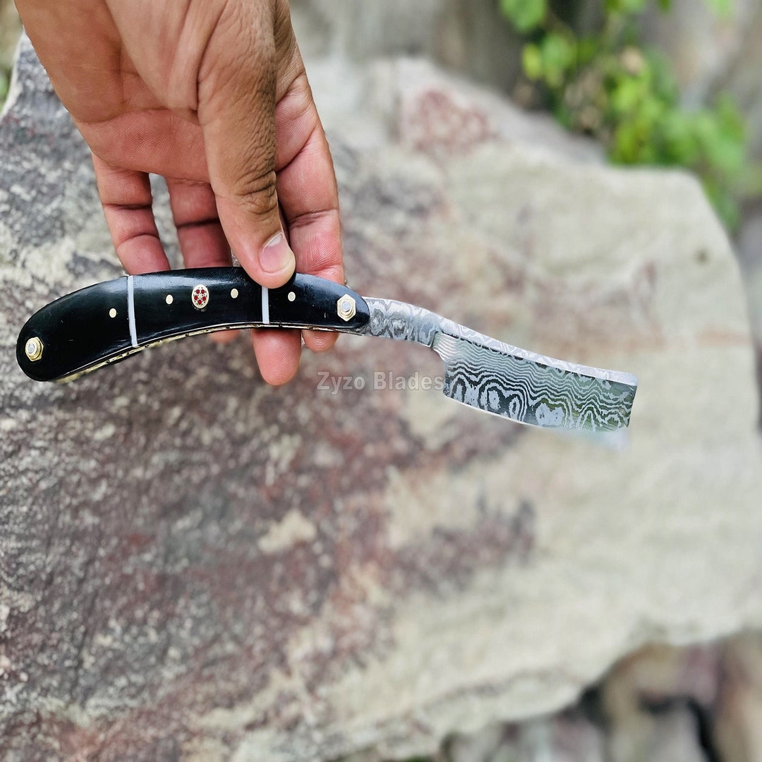 Straight Razor Black Handle Custom Hand Forged Stainless Steel Damascus ...