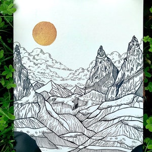 Torres Del Paine Patagonia Mountain Landscape Ink Drawing Print - Etsy