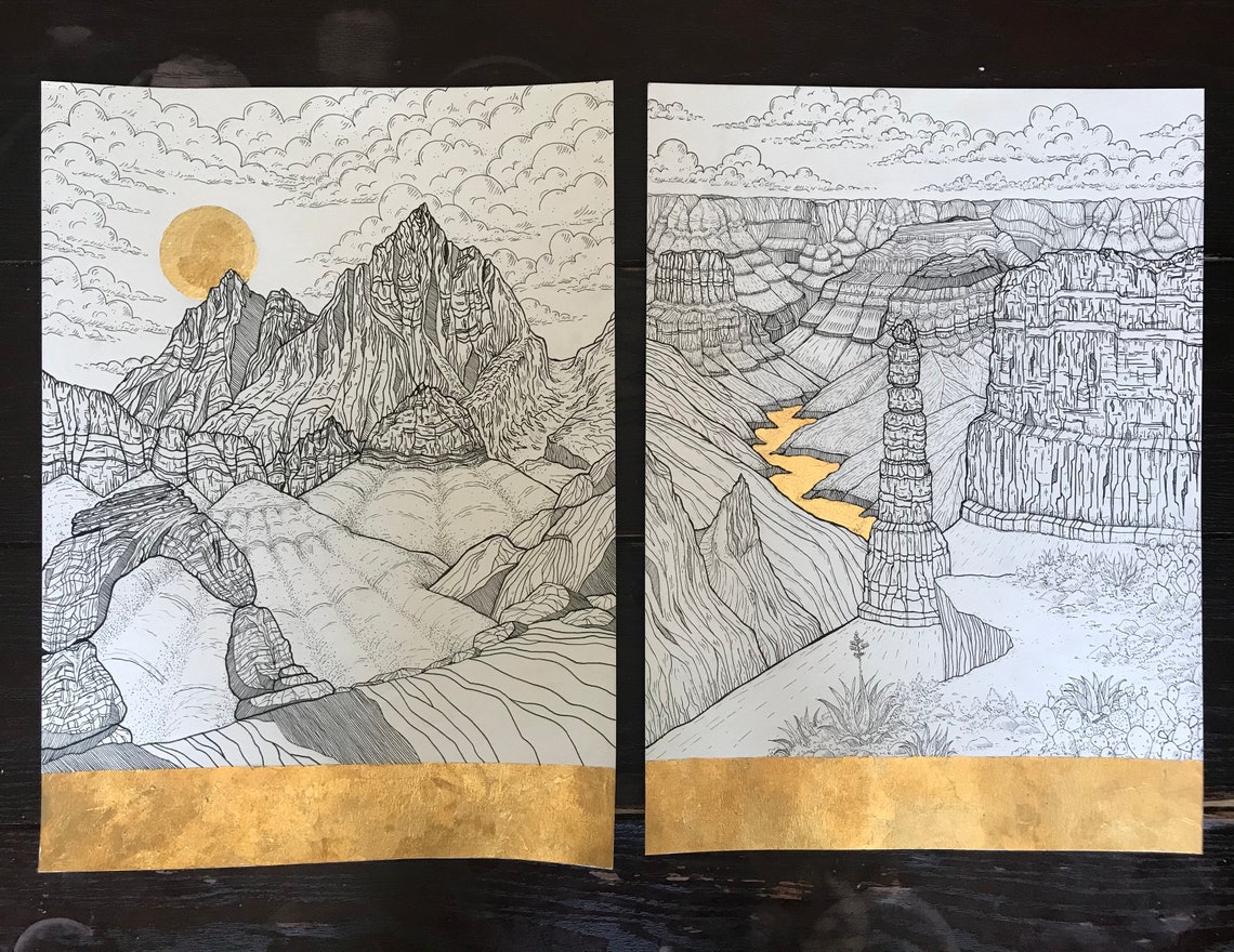 Desert Mountain Landscape Ink Drawing Print - Etsy