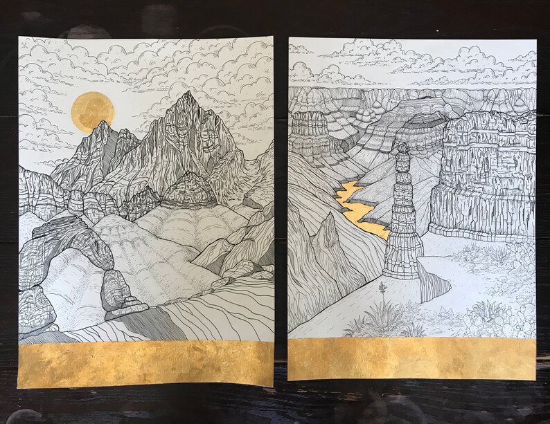 Desert Mountain Landscape Ink Drawing Print - Etsy