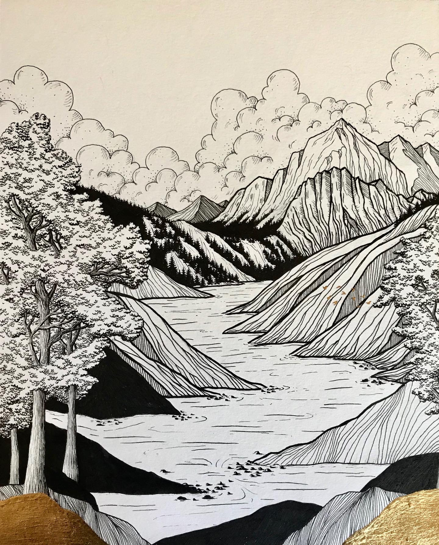 Gold Leaf Mountain Stream Landscape Ink Drawing Print - Etsy