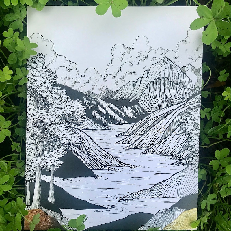 Pen and Ink Mountain Lake - Etsy