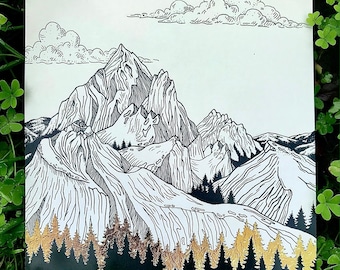 Gold Leaf Mountain Stream Landscape Ink Drawing Print - Etsy