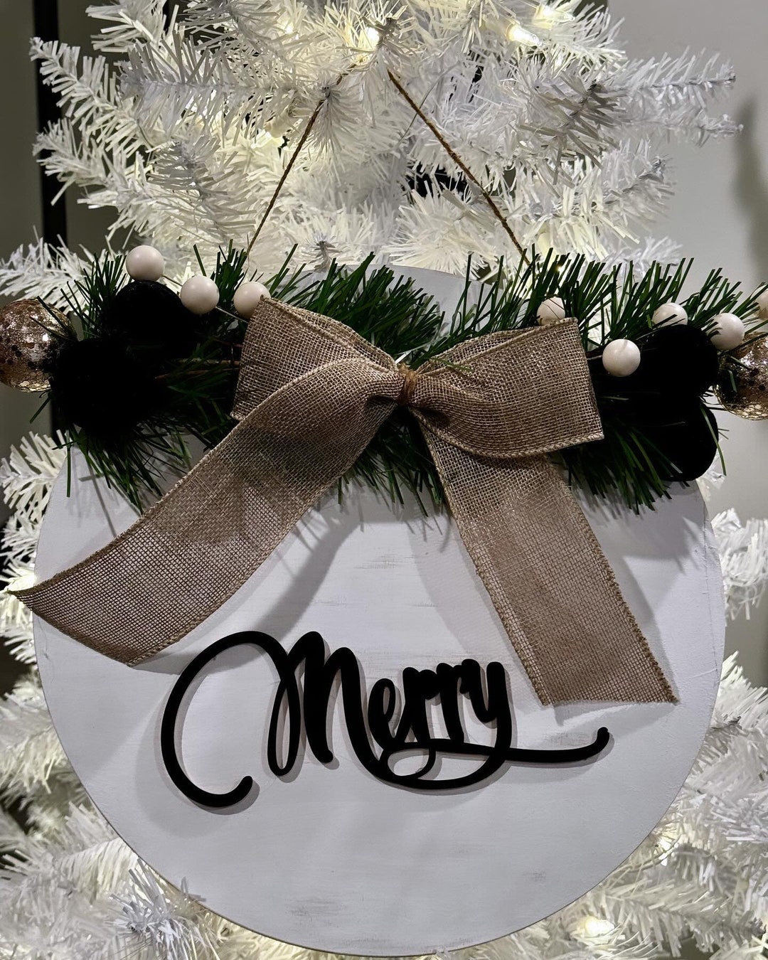 Wood Round Holiday Sign - Merry - White and Black - Holiday Decor ...