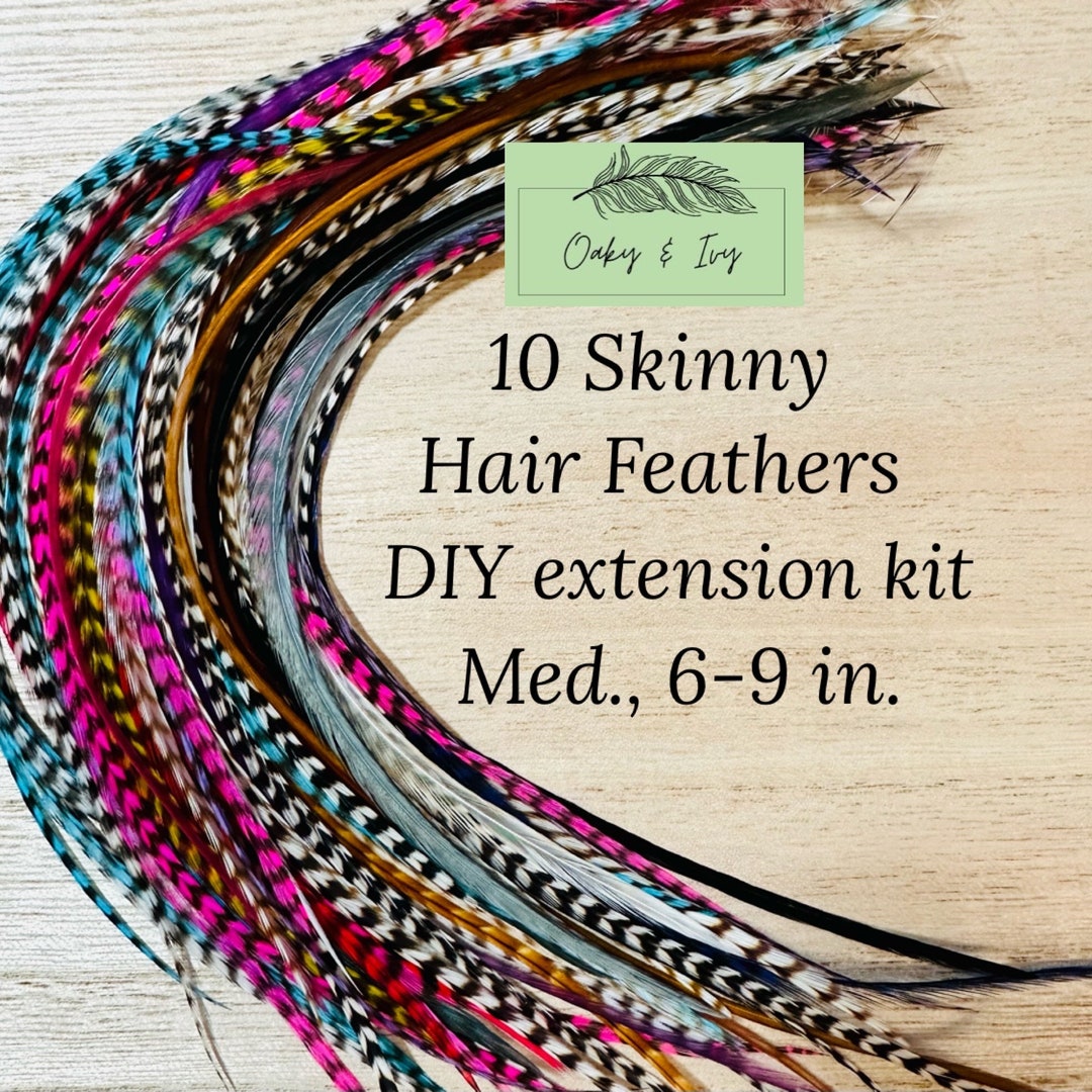 Feather Hair Extensions - 10 Skinny Hair Feathers + Beads and Tool ...