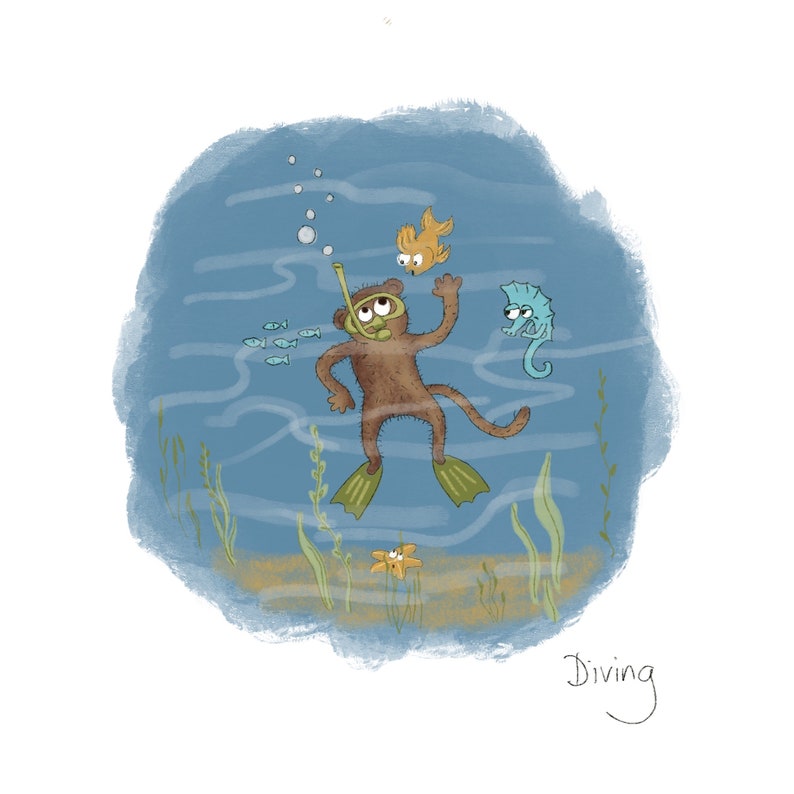 Illustration diving Monkey - Etsy