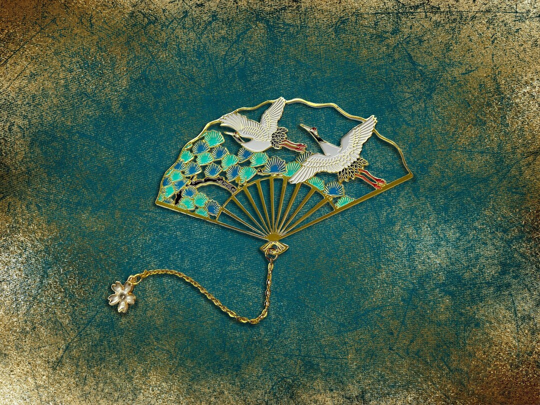 Asian Style Metal Bookmark: Crane, Pine & Sakura With Golden Charm - Etsy