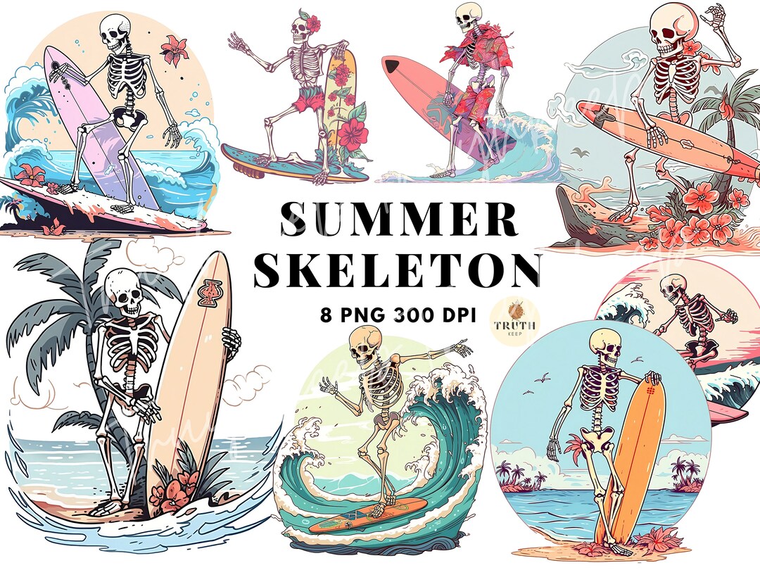 Summer Skeleton Playing Surfboard Png,summer Skeleton Bundle,skull ...