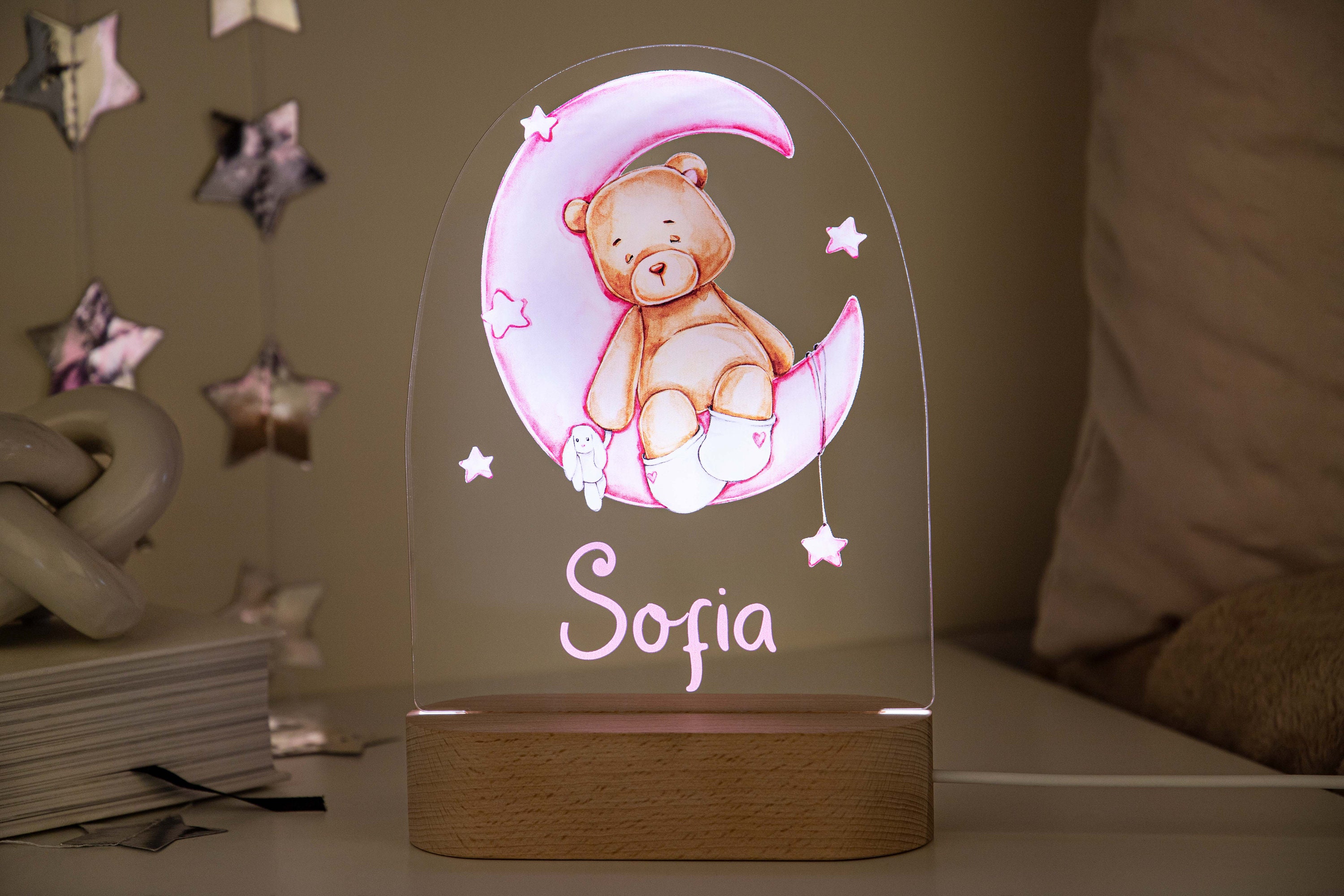 Pink Teddy Night Light, Nursery Room Night Lamp With Custom Name ...