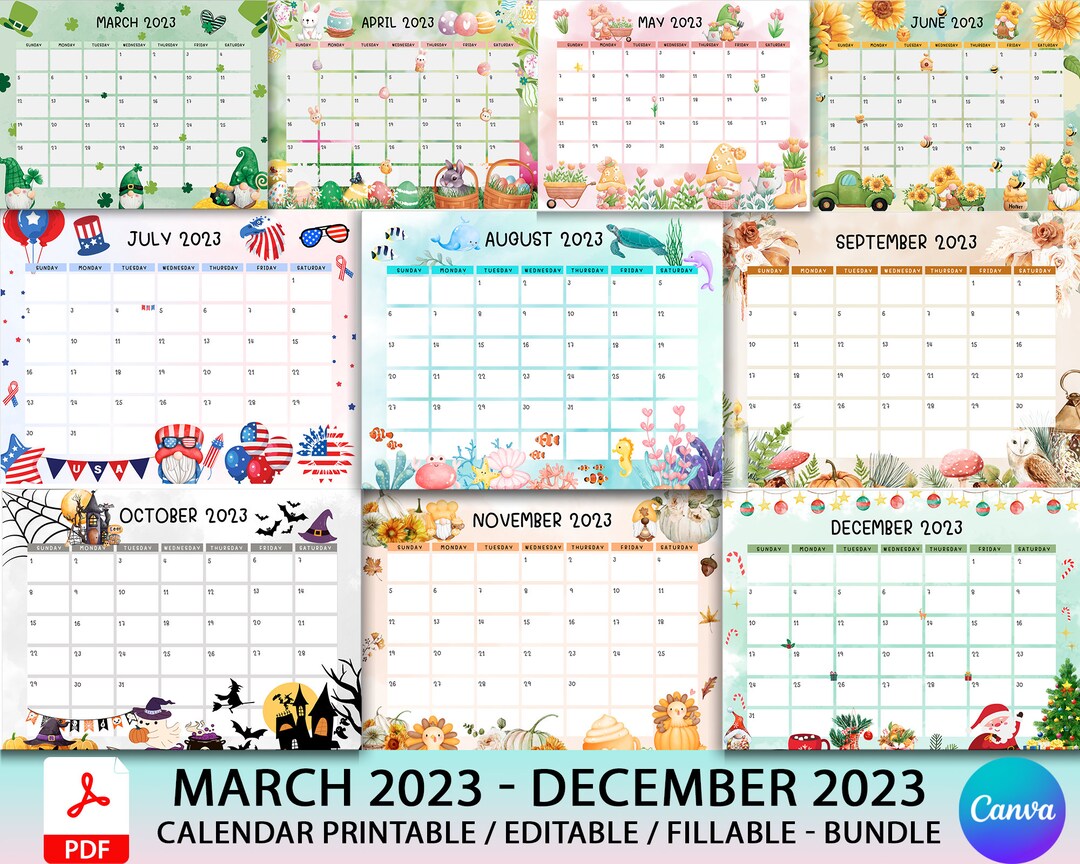 EDITABLE Mars 2023 Calendrier Mars 2023 Décembre 2023 - Etsy France