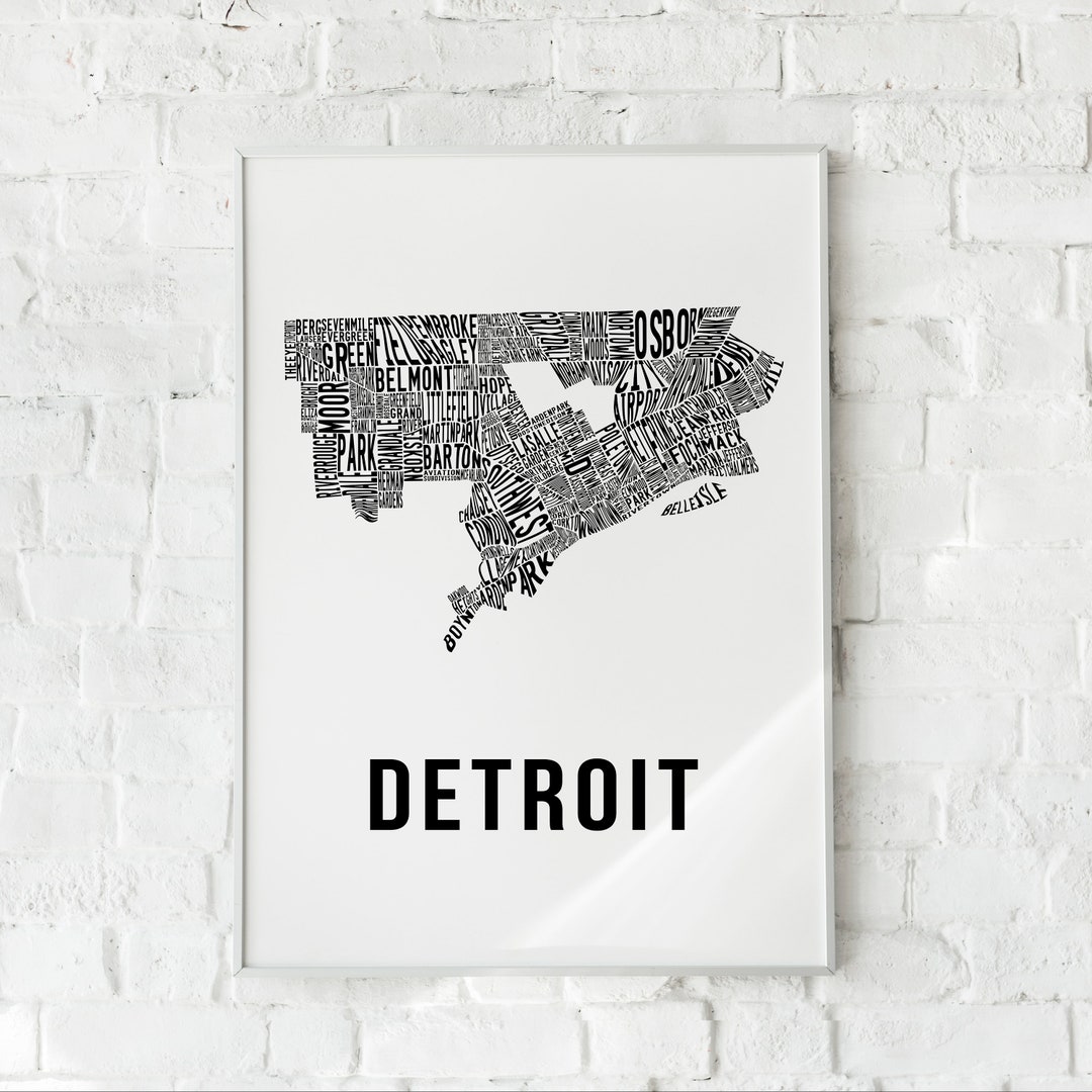 Detroit Map Neighborhoods Typographic Poster Print - Etsy
