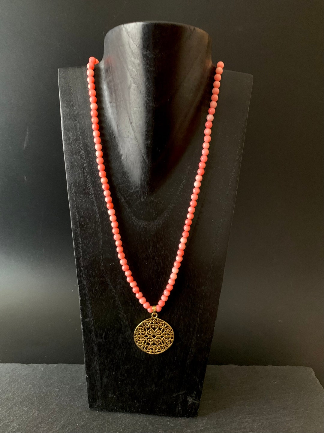 Coral and Gold Plated Mandela Pendant Necklace, Handmade Jewelry ...