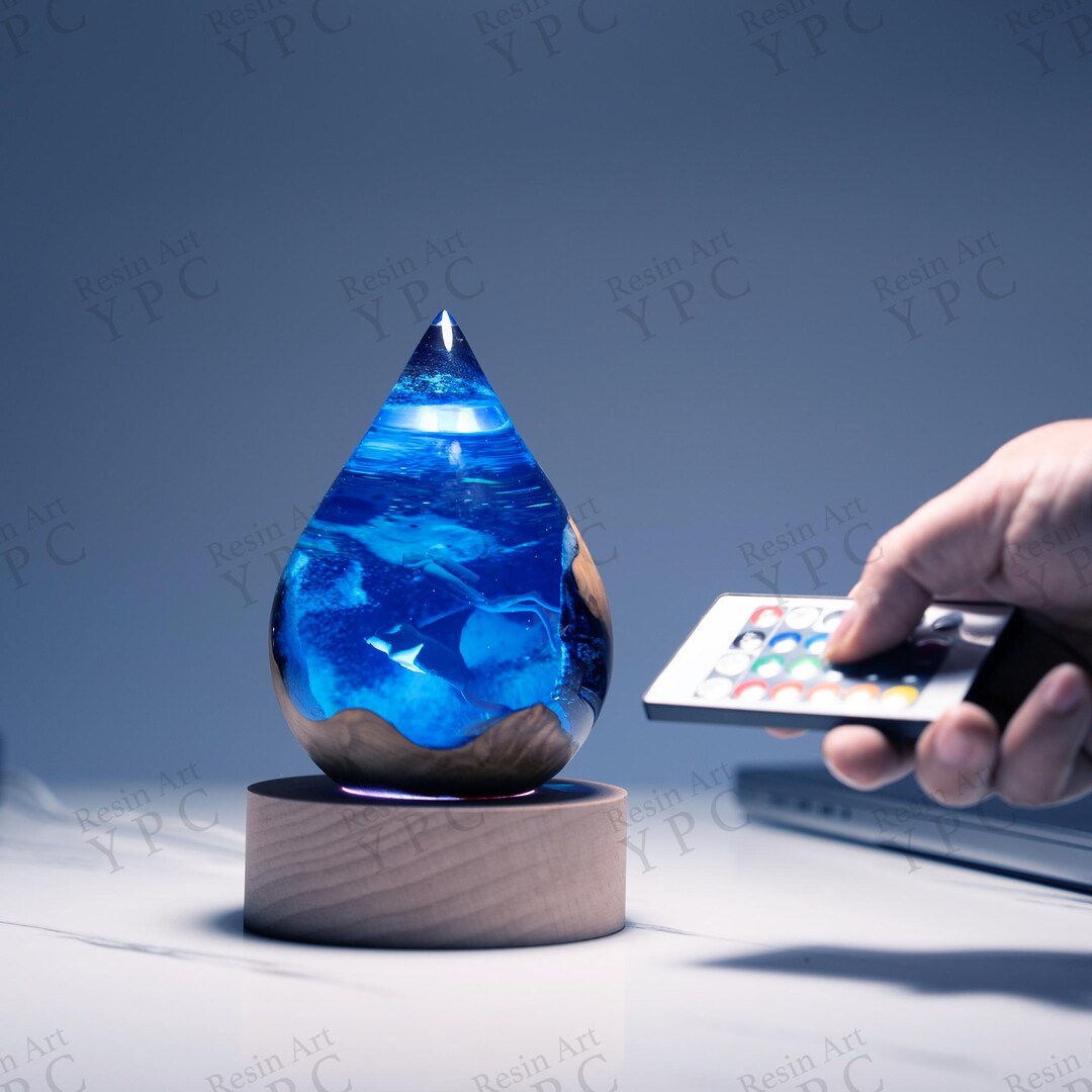 Diver & Manta Ray Ocean Night Light - Teardrop Resin Wood Remote ...