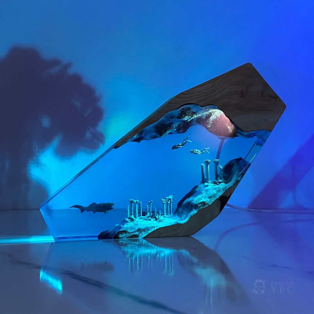 Lost Atlantis City Resin Wood Night Light, Diver & Dunkleosteus Desk ...