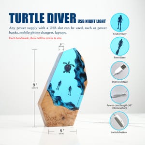 Sea Turtle & Couple Diver Night Light, Large Epoxy Resin Wood Table ...
