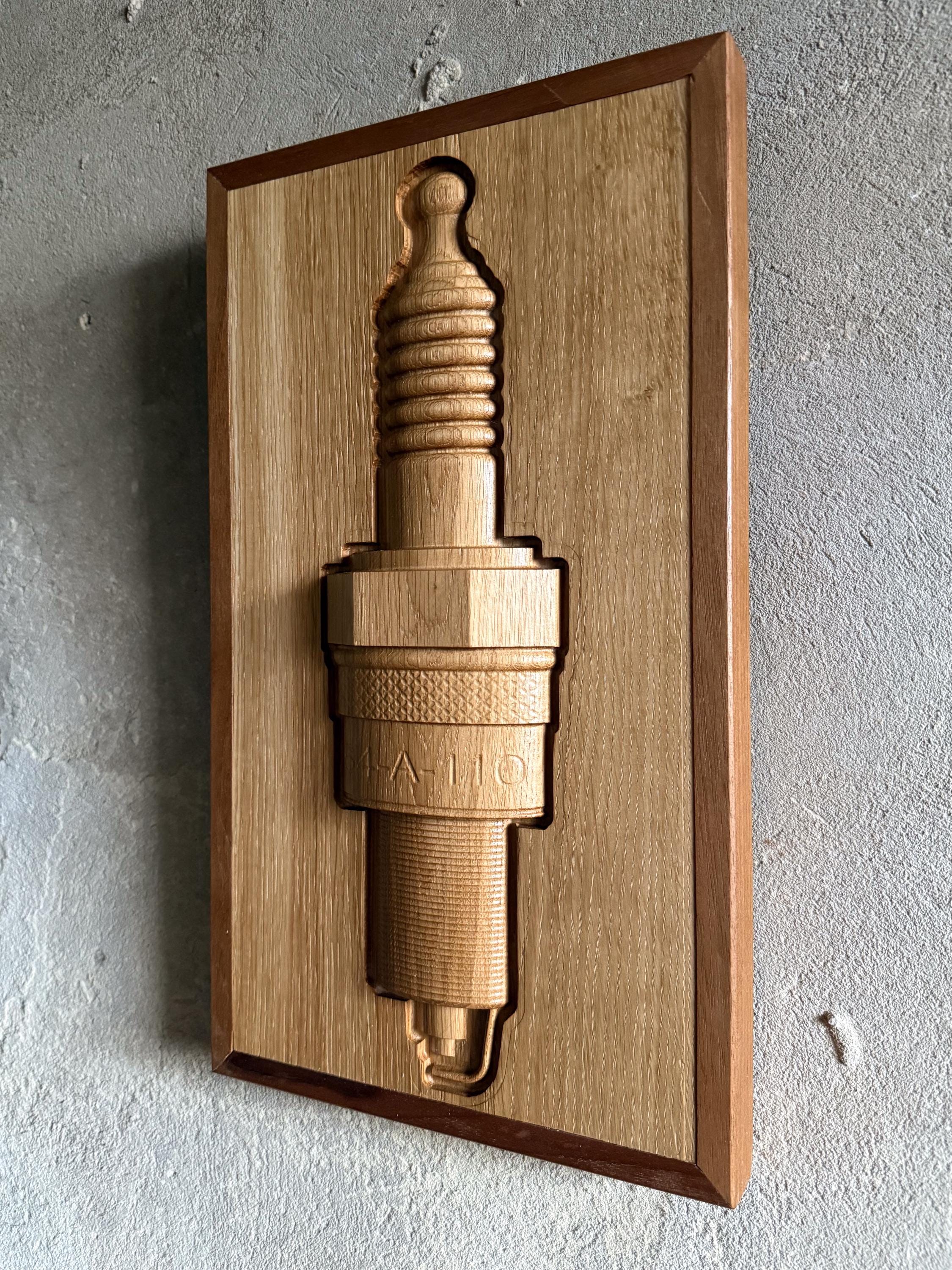 Carved Wooden Spark Plug Wall Art – Oak & Walnut Framed | Garage Decor ...