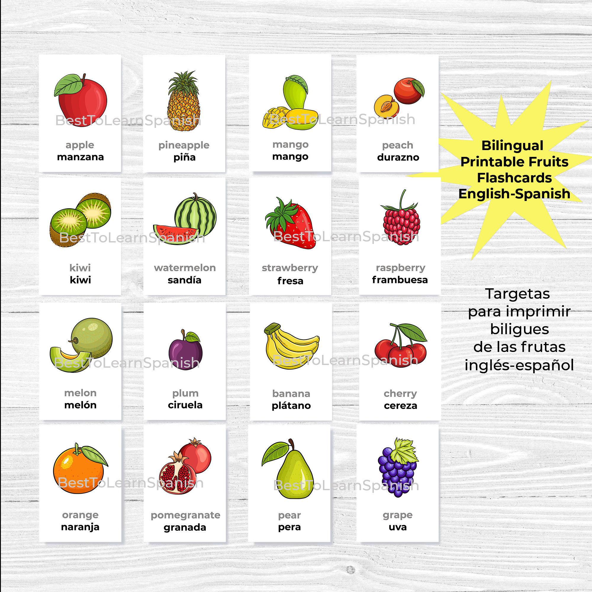 Bilingual Fruits Flashcards 16 Flashcards bilingües de las | Etsy