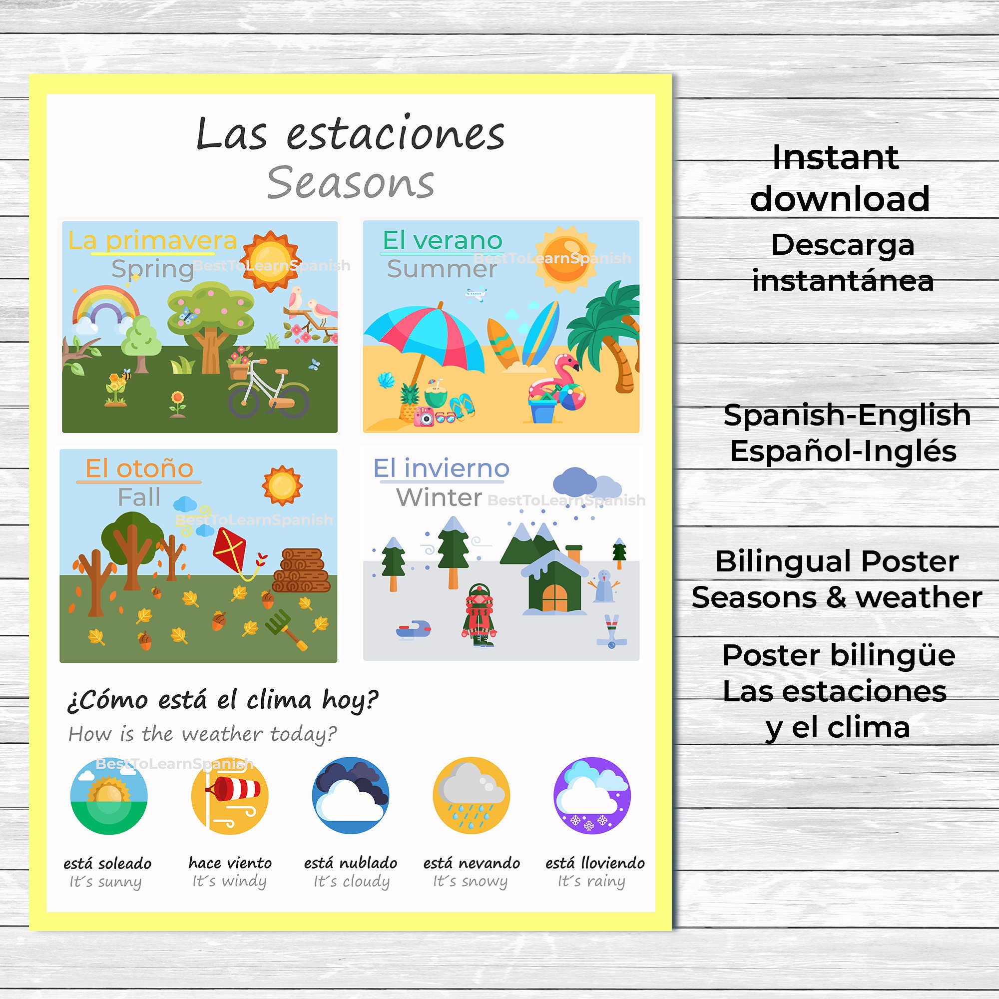 Bilingual seasons and weather poster Spanish English. | Etsy