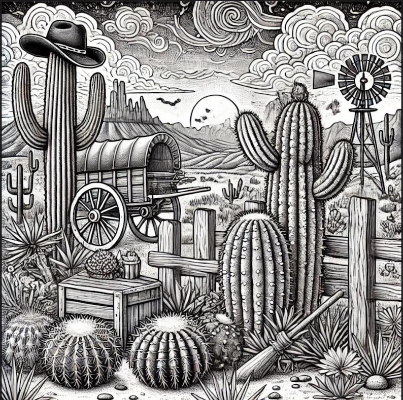 Adult Coloring Page - Western Cactus Theme - Etsy
